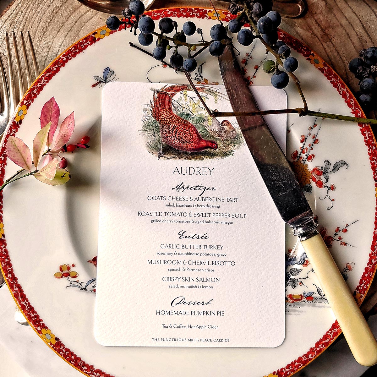 Set/ 4 Fiery Pheasants Thanksgiving Menu Cards