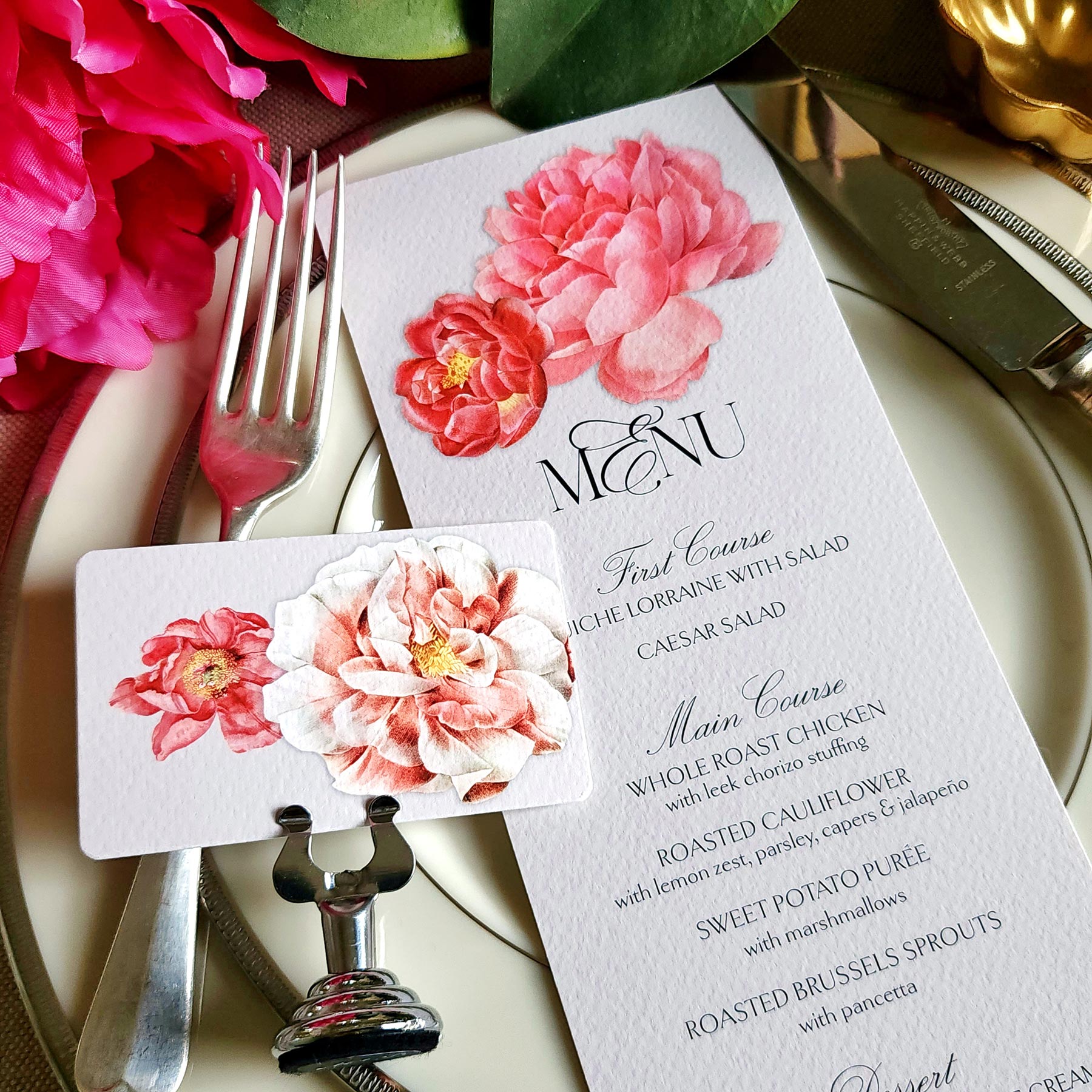 Set/4 Peony Custom Menu Cards- Mr. P's Place Card Co.