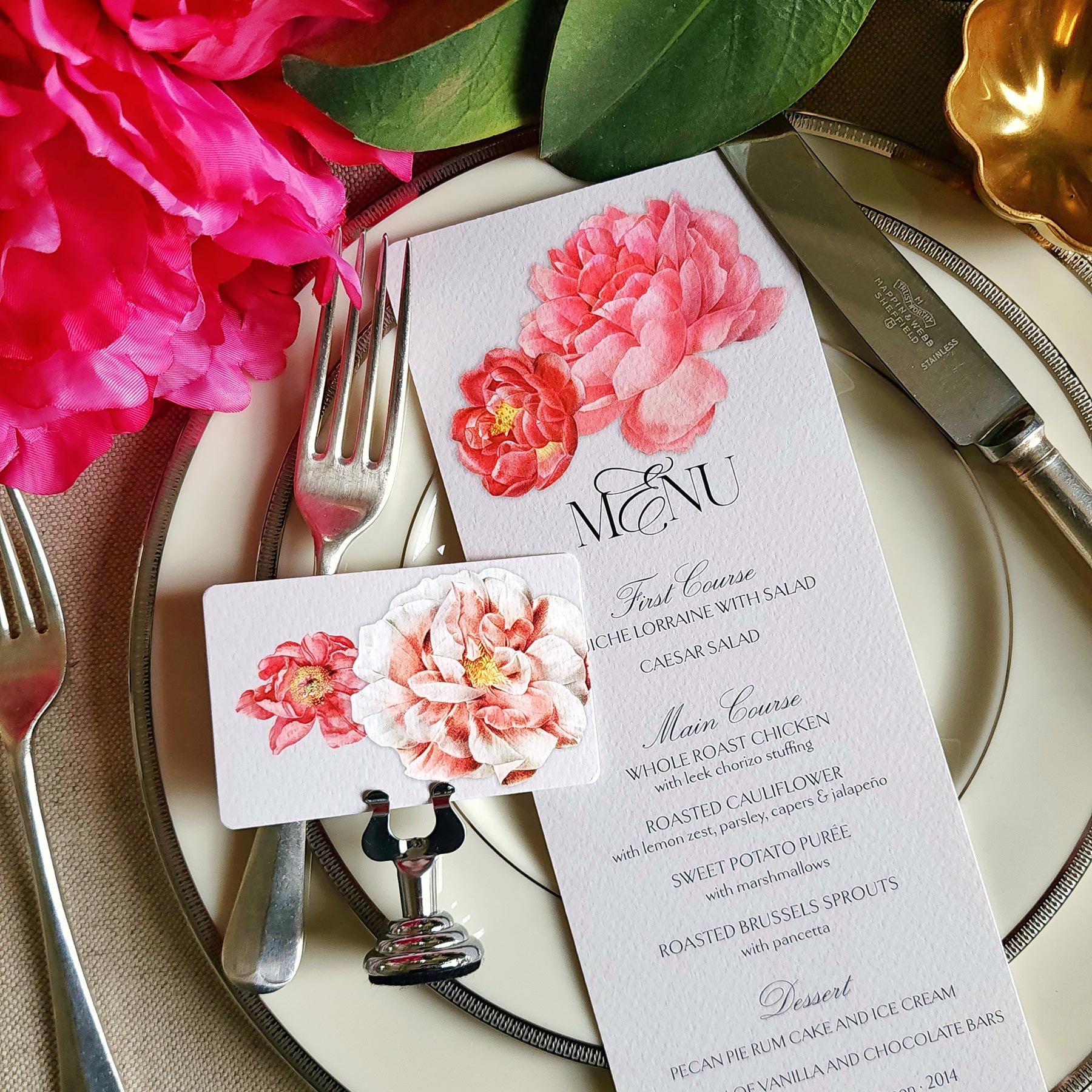 Set/4 Peony Custom Menu Cards- Mr. P's Place Card Co.